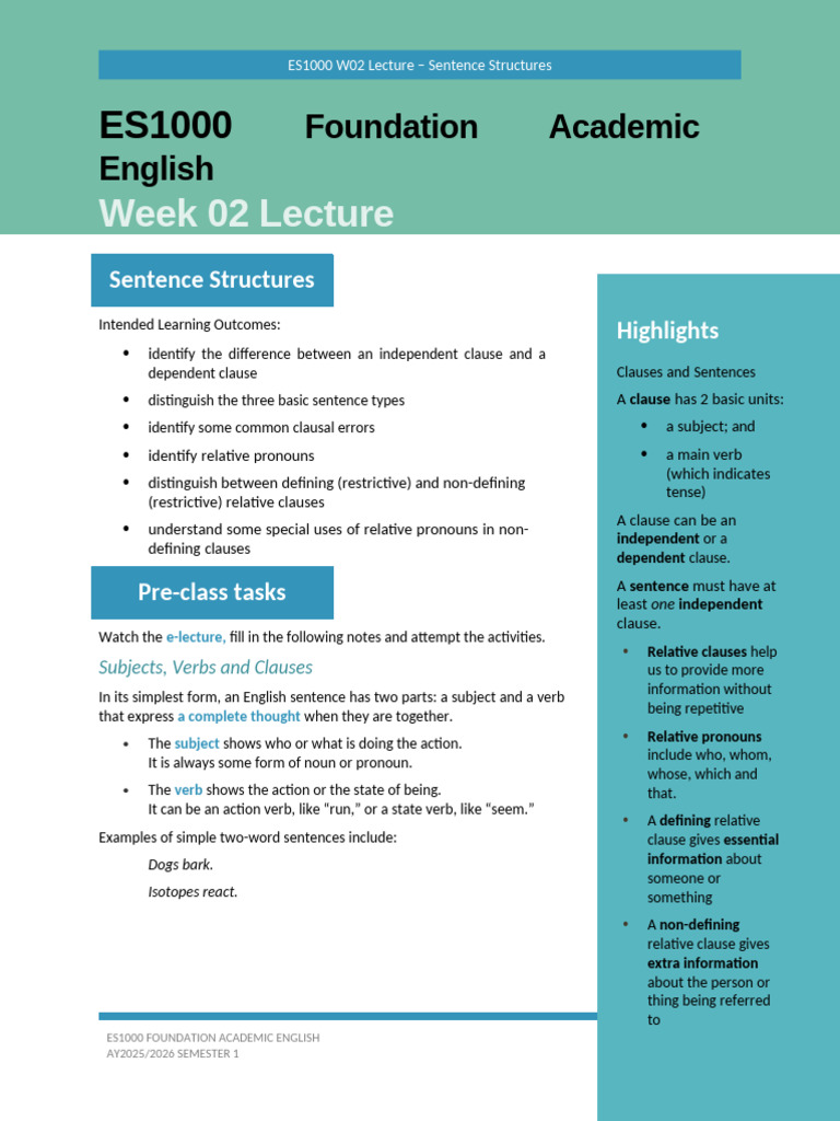 ES1000 W02 - Lecture - Sentence Structures | PDF | Clause | Subject ...