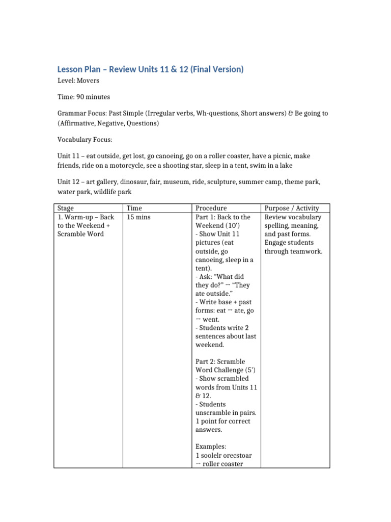 Lesson Plan Review U11 U12 Final | PDF | Question | Linguistic Morphology
