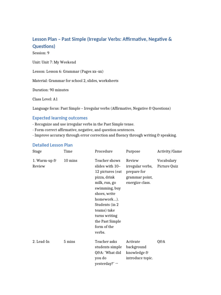 Past Simple Lesson Plan: Irregular Verbs | PDF | Lesson Plan | Language ...