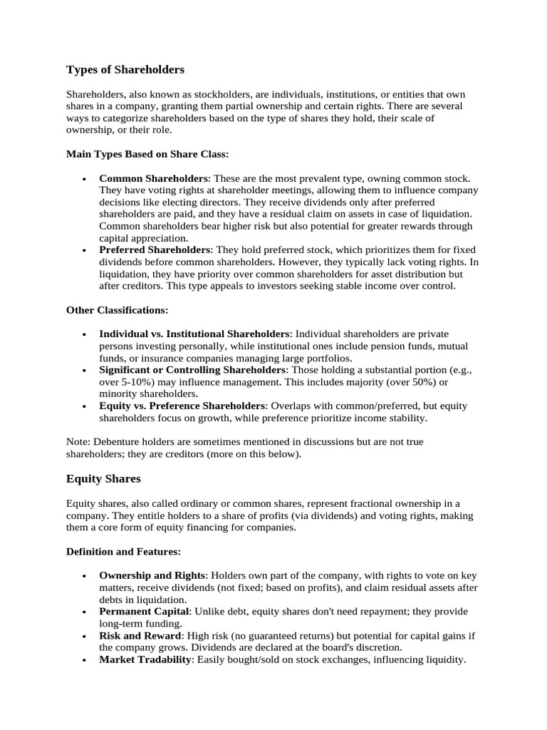 Types of Shareholders Explained | PDF | Stocks | Equity (Finance)