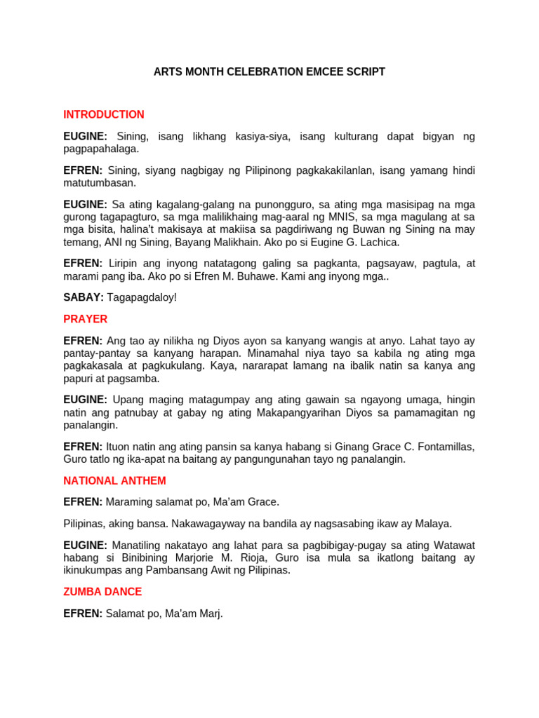 Arts Month Celebration Emcee Script | PDF