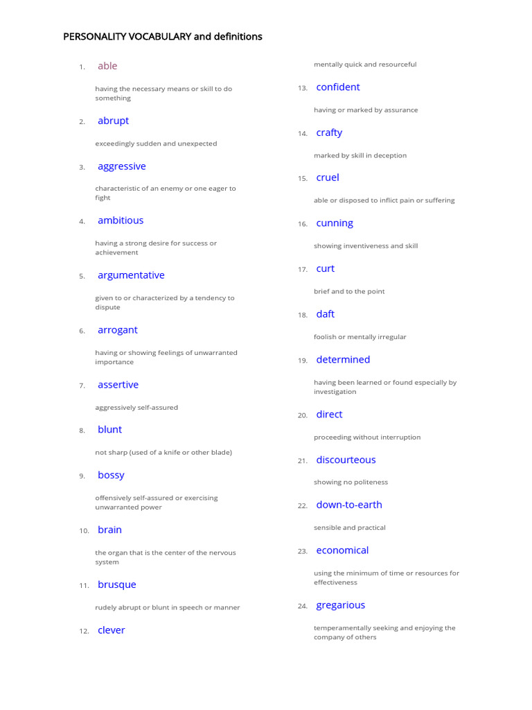 Personality Vocabulary - List With Definitions | PDF | Cognition | Behavioural Sciences