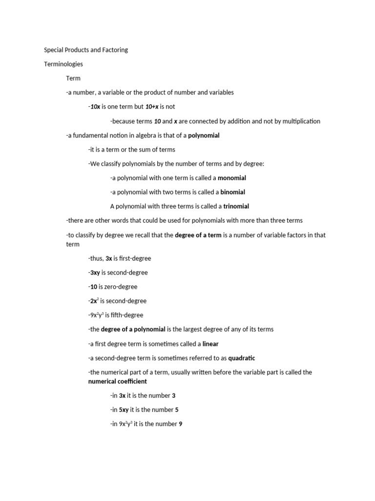Special Products and Factoring | PDF | Factorization | Polynomial