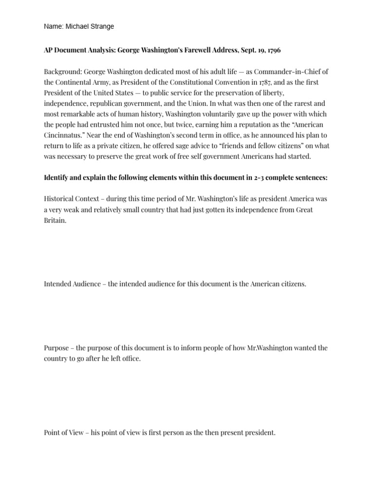 AP Document Analysis - George Washington's Farewell Address, Sept | PDF