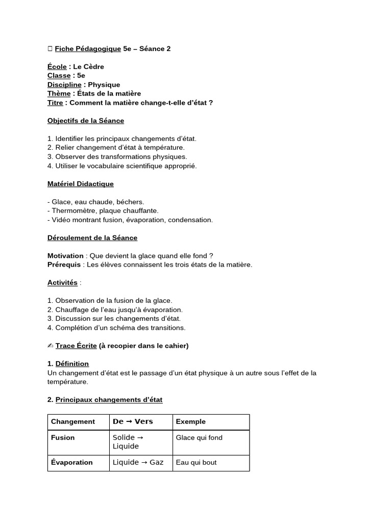Changements d'état de la matière en 5e | PDF