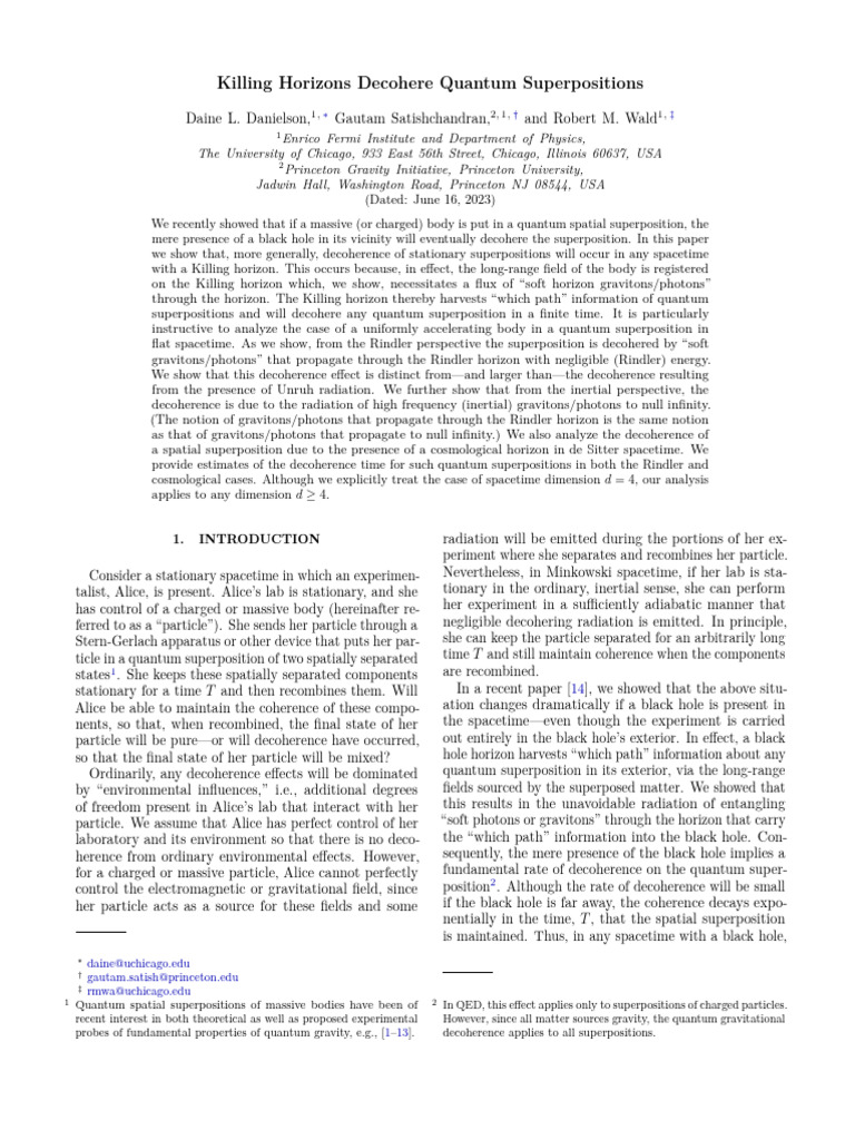 Killing Horizons Decohere Quantum Superpositions: Daine@uchicago - Edu ...