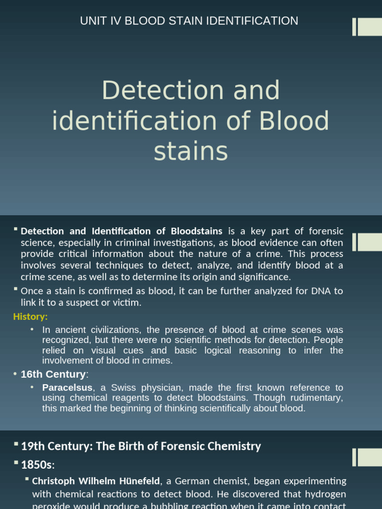 Forensic Blood Stain Detection Techniques | PDF | Dna Profiling ...