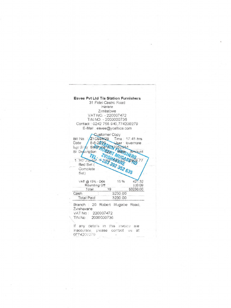 Esvee Pvt Ltd Invoice for Bed Set | PDF