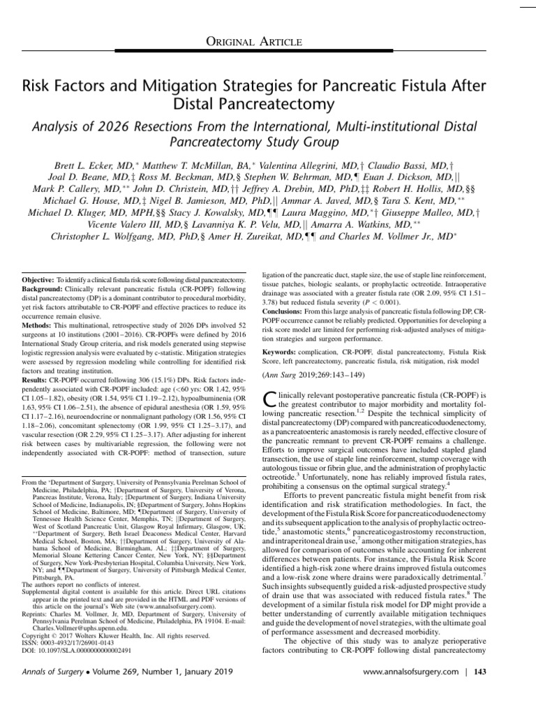 Pancreatic Fistula Risk Factors Post-Surgery | PDF | Cohort Study ...