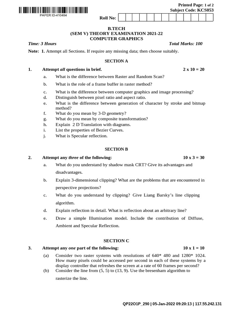 B.Tech Computer Graphics Exam Paper | PDF | Computer Graphics ...
