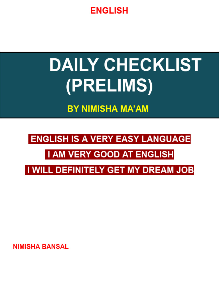 Daily English Checklist for Prelims | PDF | Plural | Grammatical Number