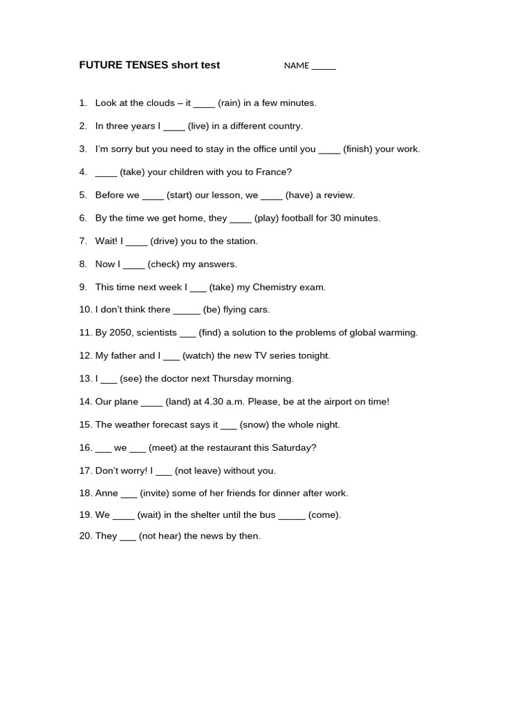 Future Tenses Short Test 1g | PDF