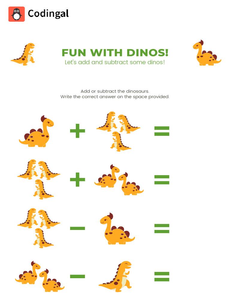 Orange Green Dinosaur Math Games Worksheet | PDF
