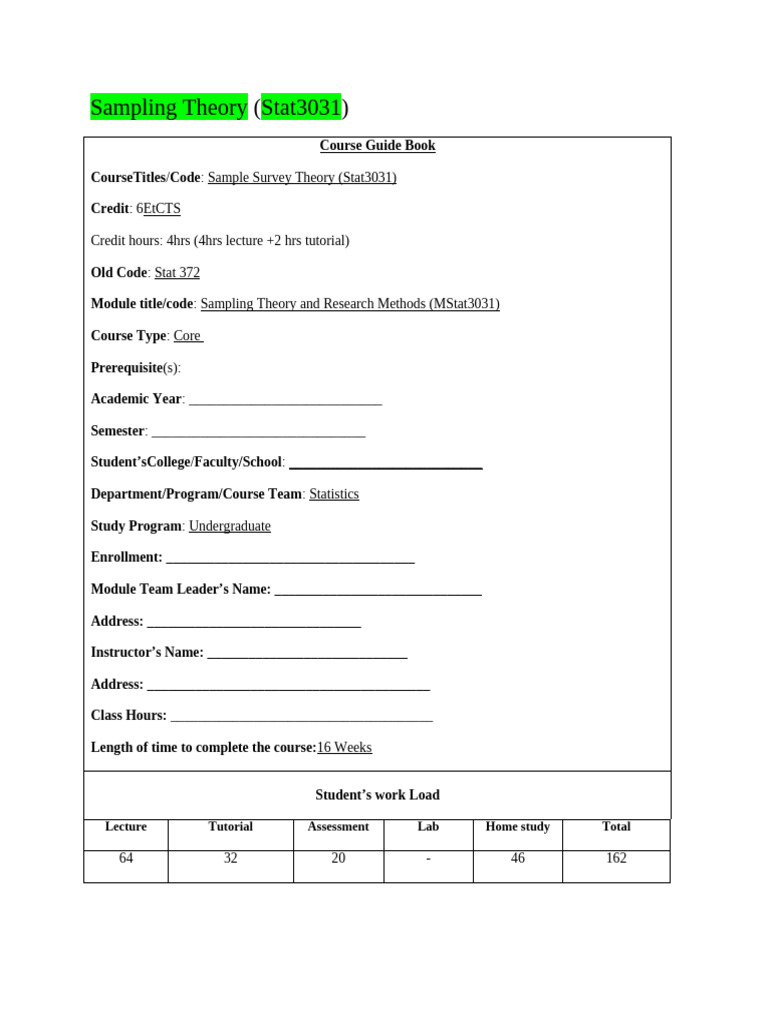 Sampling Theory Courseut Line 2018 E.c-1 | PDF | Sampling (Statistics ...