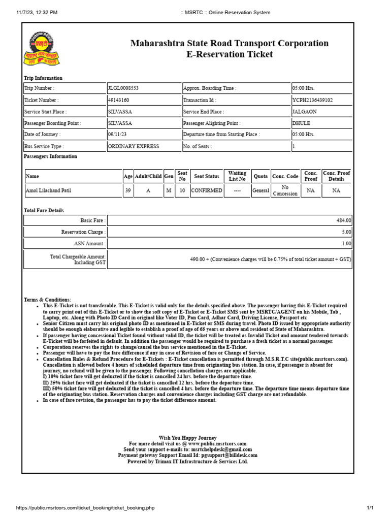 MSRTC E-Reservation Ticket Details | PDF | Fare | Public Transport