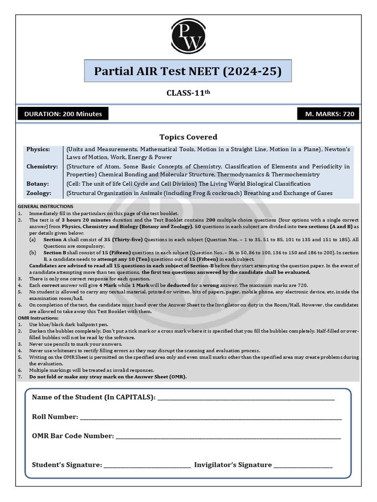 Partial AIR Test - Test Paper | PDF | Force | Chemistry