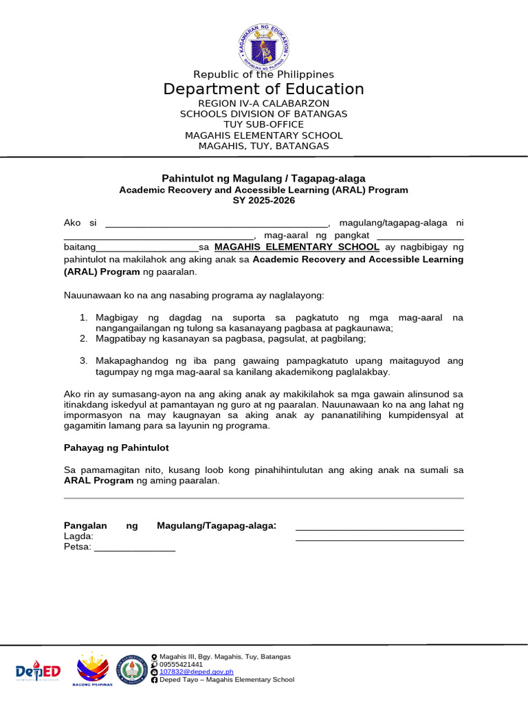 Aral Aral Parental Consent Magahis | PDF