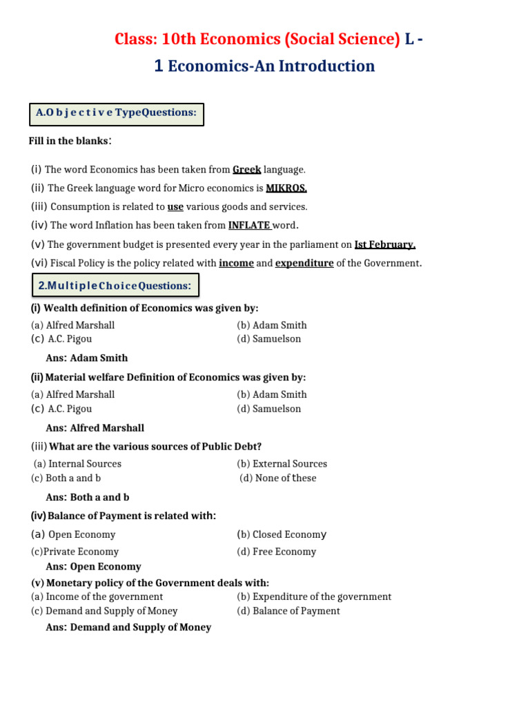 Class: 10th Economics Social Science: L Economics-An Introduction | PDF ...
