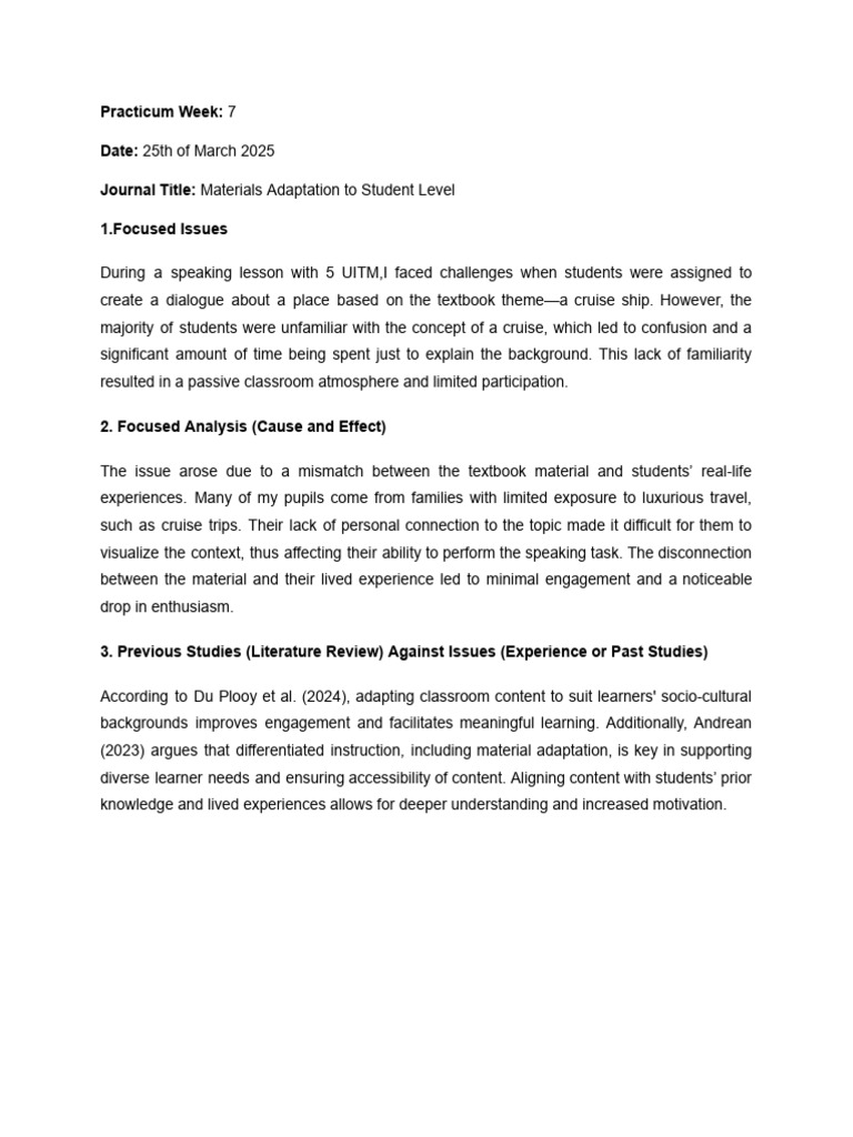 Week 7 Practicum Journal | PDF | Learning | Differentiated Instruction