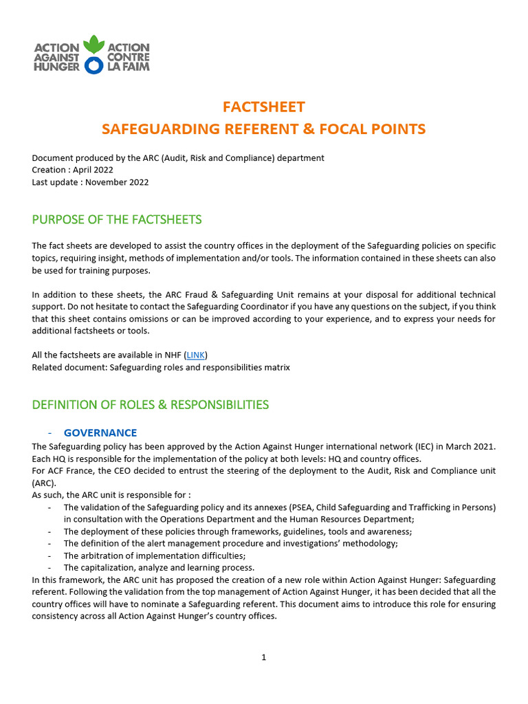 Safeguarding Referent & Focal Points | PDF | Policy | Regulatory Compliance
