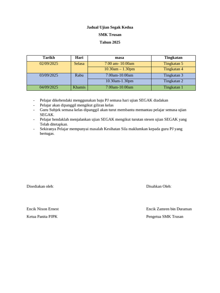Jadual Ujian Segak FASA KE2 | PDF