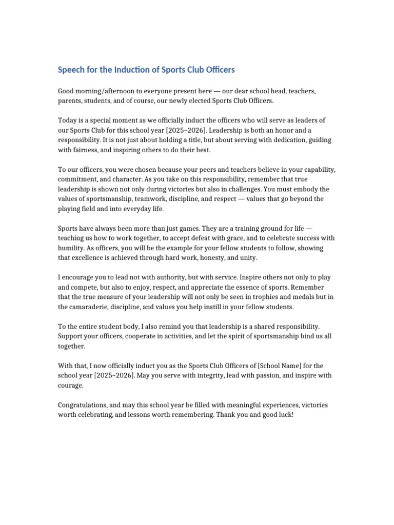 Speech For Induction of Sports Club Officers | PDF