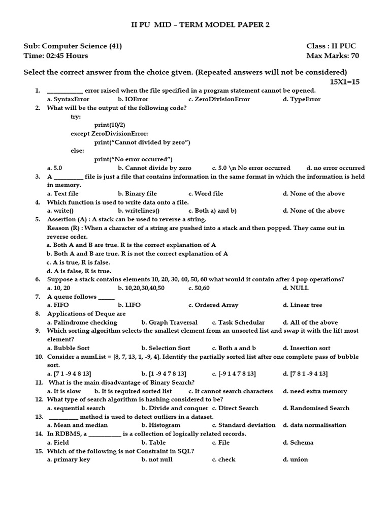 II Pu Cs Mid-Term Model QP 2 2025-26 | PDF | Queue (Abstract Data Type) | Computing