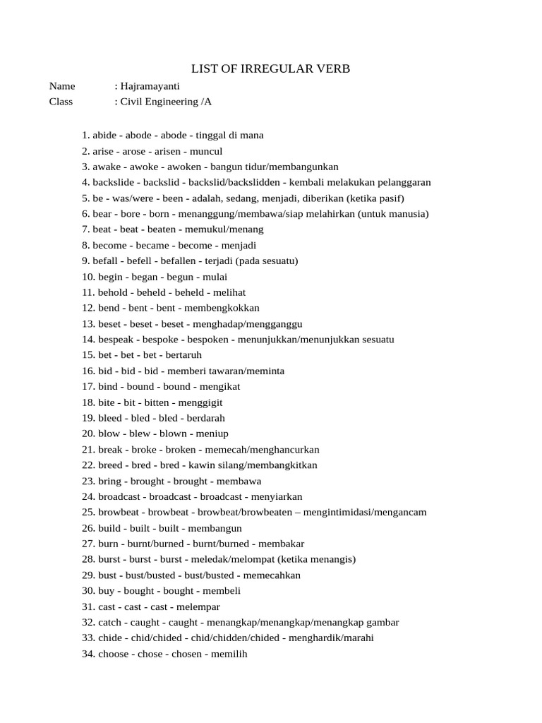 List of Irregular Verb | PDF