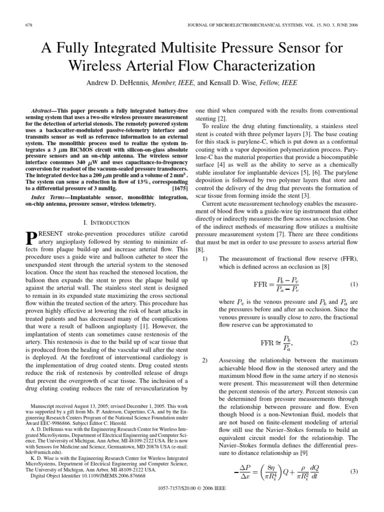A Fully Integrated Multisite Pressure Sensor For Wireless Arterial Flow ...