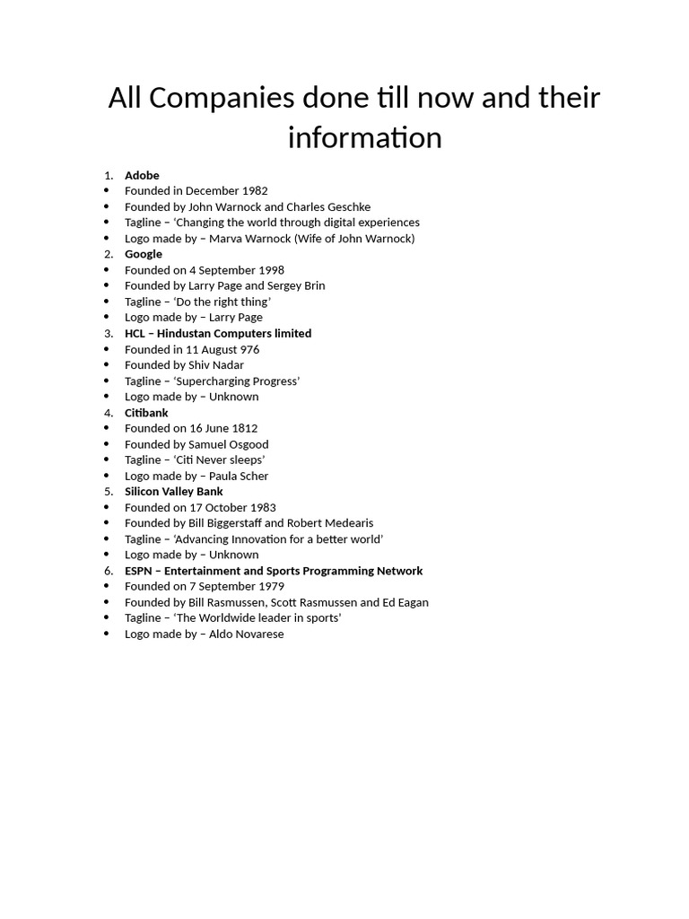All Companies Done Till Now and Their Information | PDF
