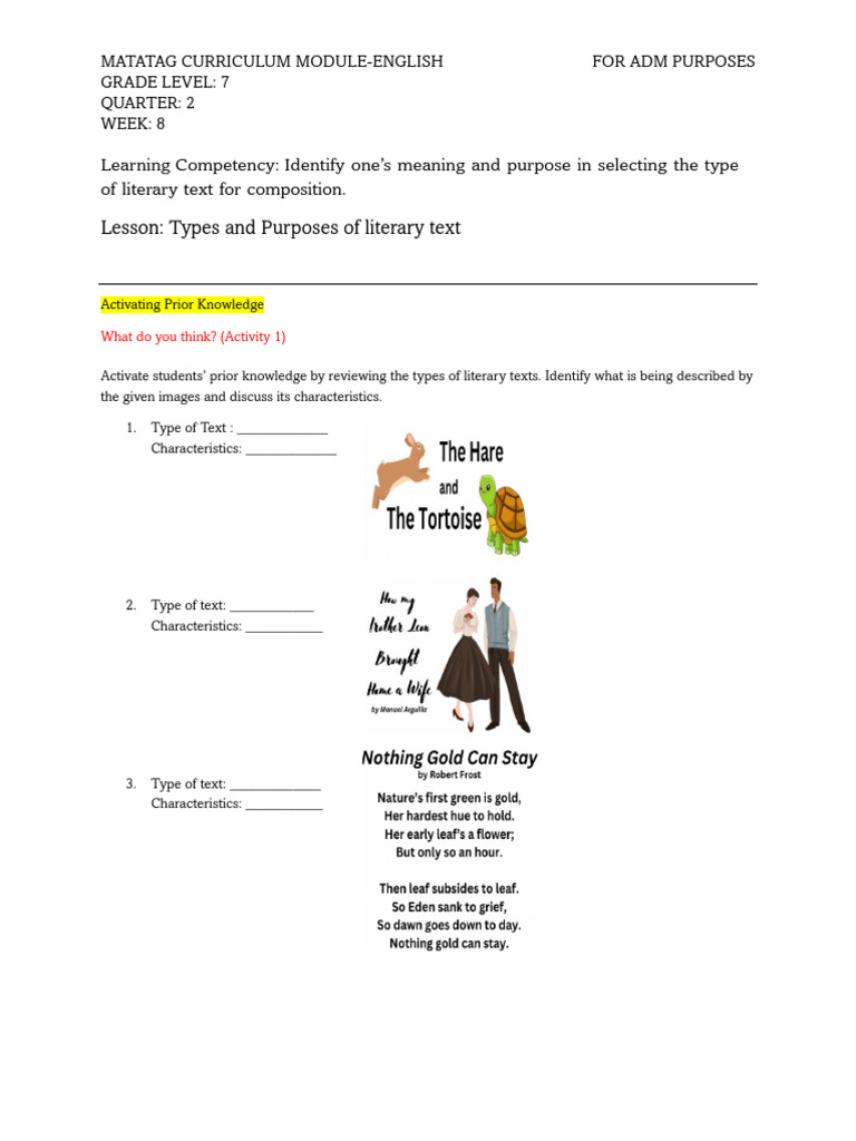 Matatag Curriculum Module - g7 Literary Purposes | PDF | Human ...