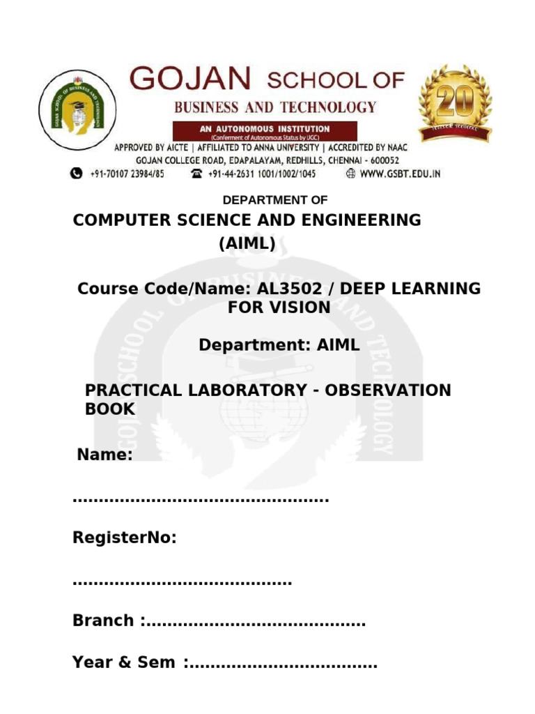 AL3502 Deep Learning for Vision Lab | PDF | Deep Learning | Image ...