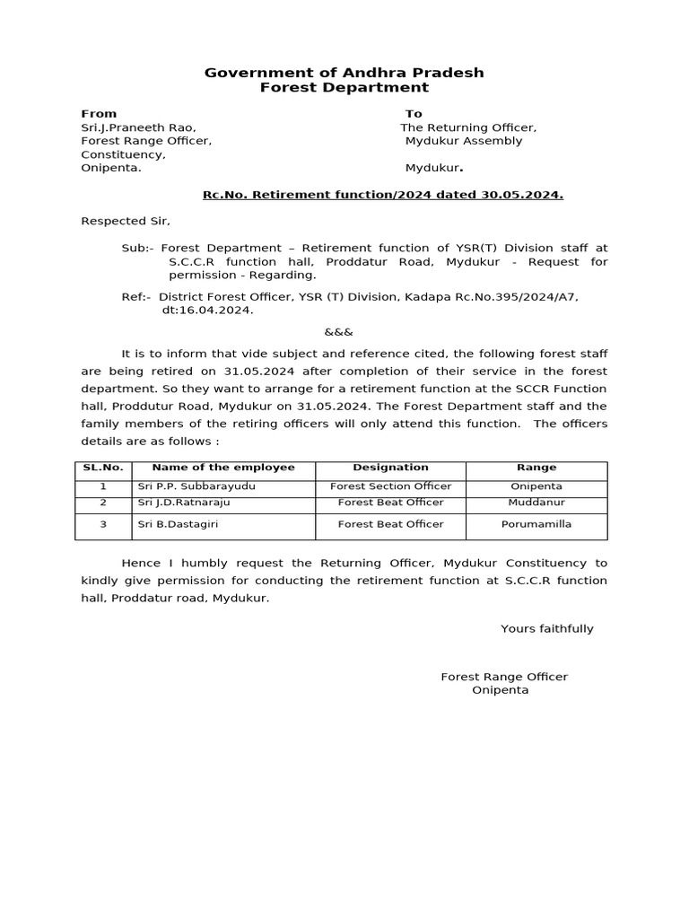 Retirement Function Request for Forest Staff | PDF