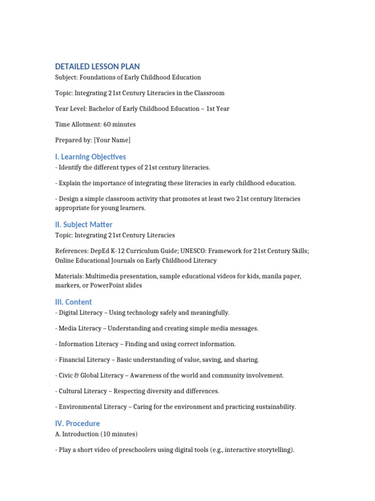 Integrating 21st Century Literacies ECE Lesson Plan | PDF | Literacy ...