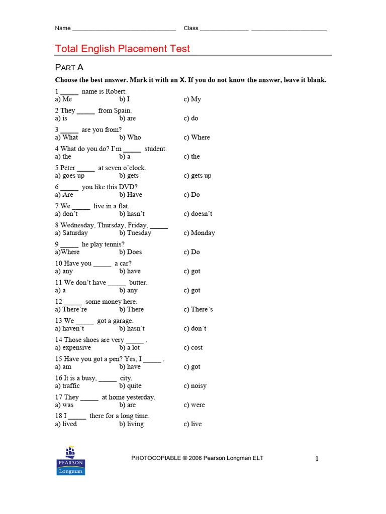 Total English Placement Test Guide | PDF