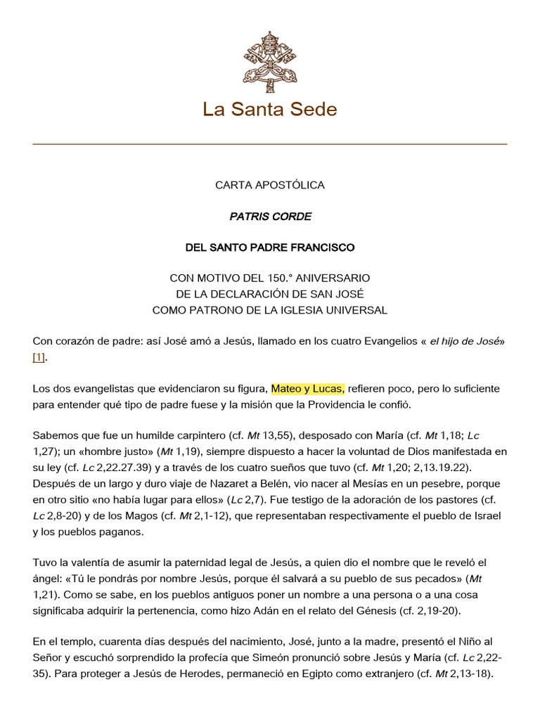 Patris Corde - Franciscus | PDF | María, madre de Jesús | San José