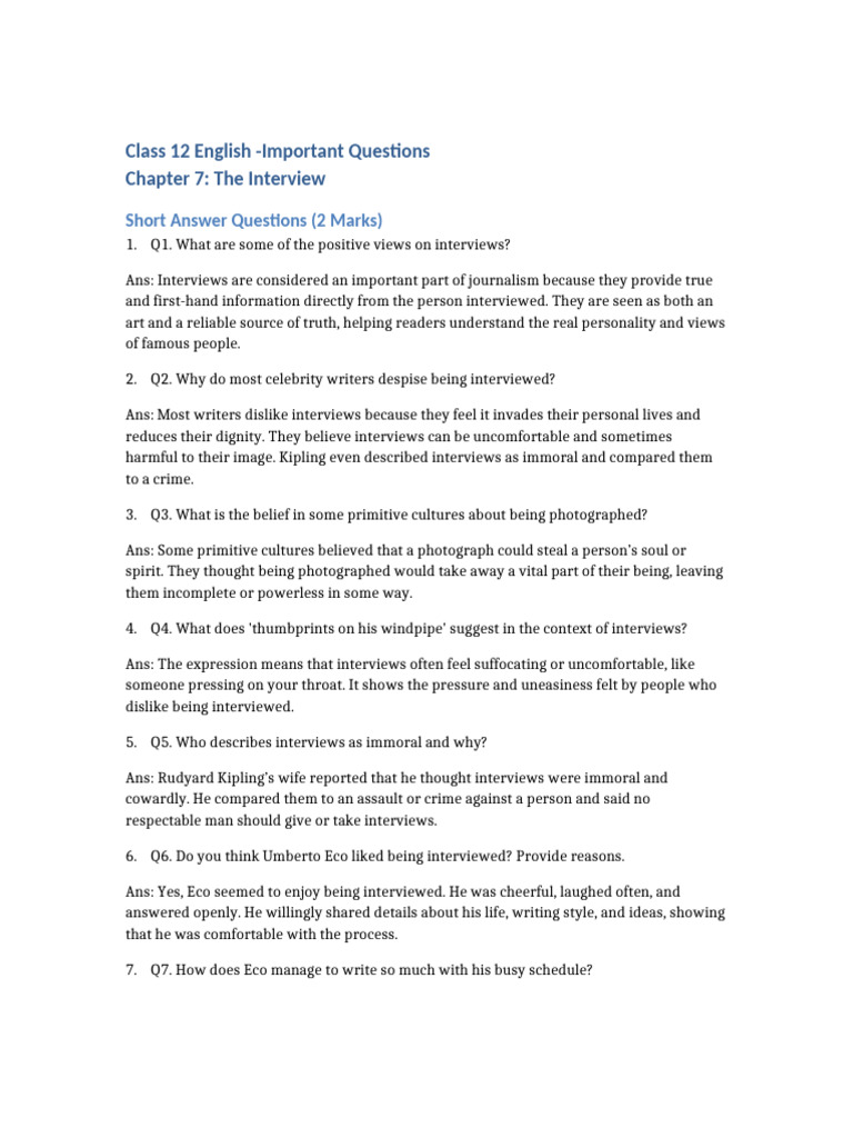 Class 12 English: Key Interview Insights | PDF