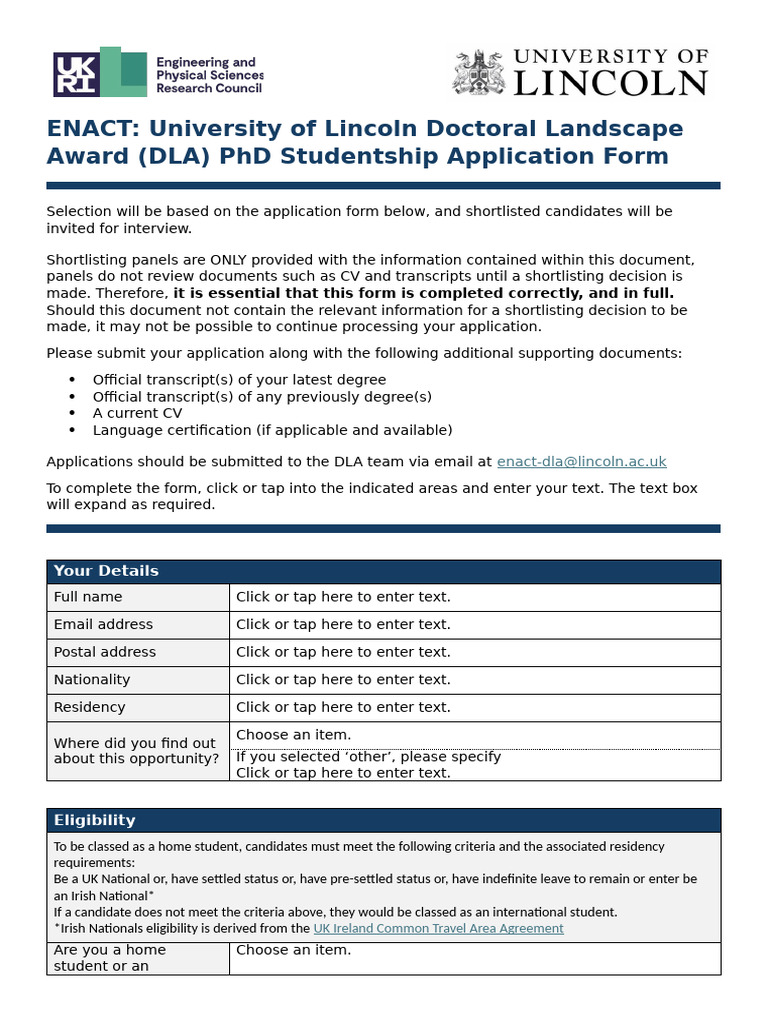 University of Lincoln DLA PhD Application Form | PDF | Privacy | Cognition
