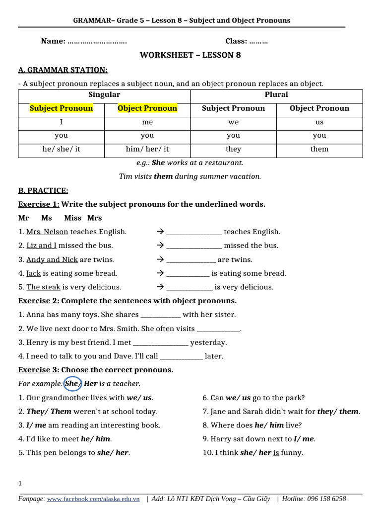 Grade 5 Grammar Lesson 8 | PDF | Subject (Grammar) | Pronoun