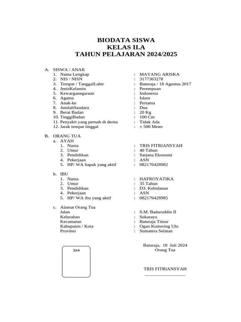 Biodata Siswa Kelas 2.A | PDF