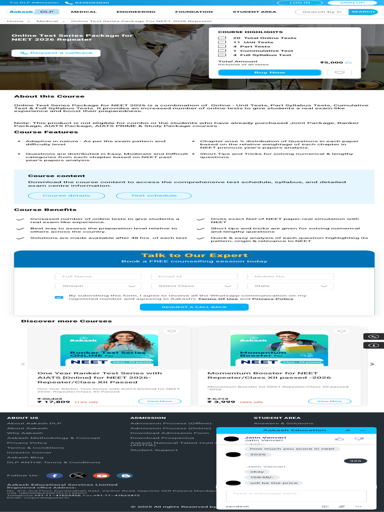 Online Test Series Package For NEET 2026 Repeater Aakash DLP | PDF ...