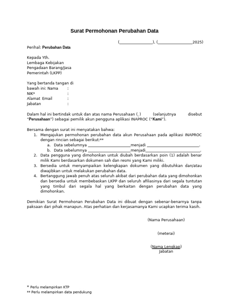 Surat Permohonan Perubahan Data INAPROC | PDF