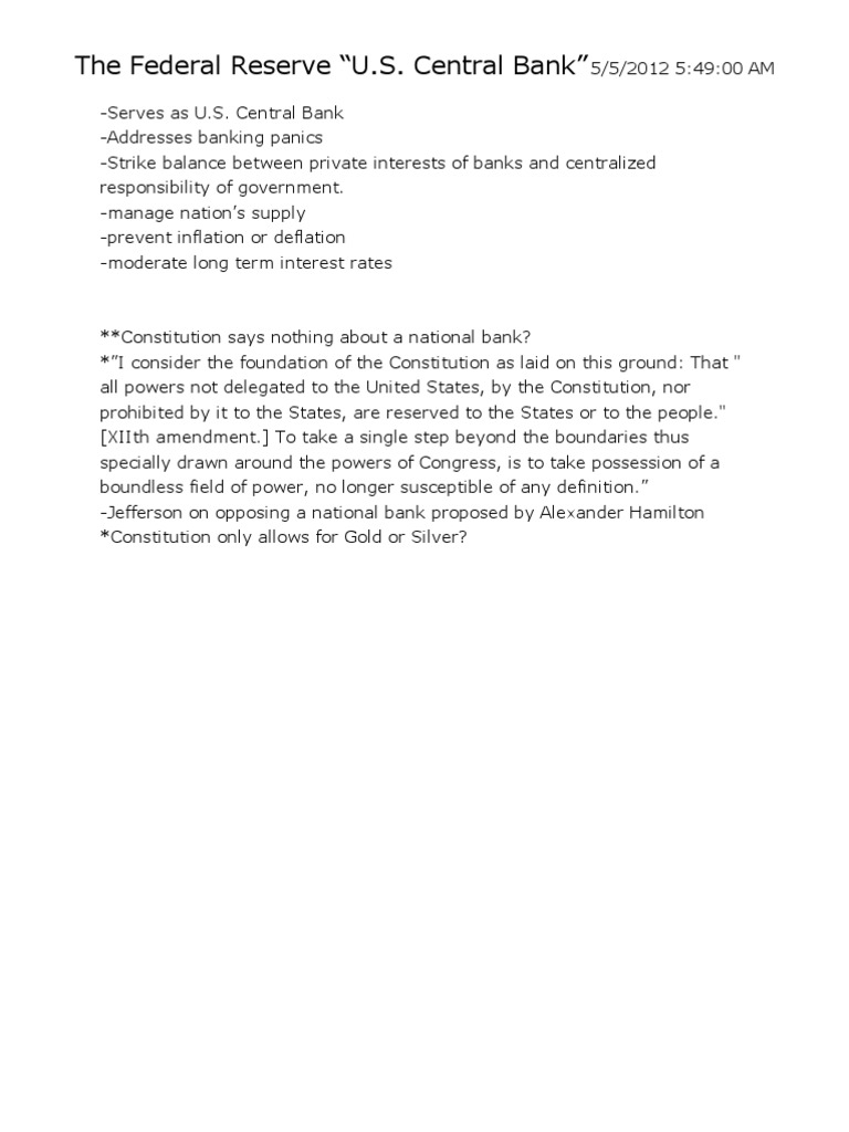 Notes On The Federal Reserve | PDF | Politics