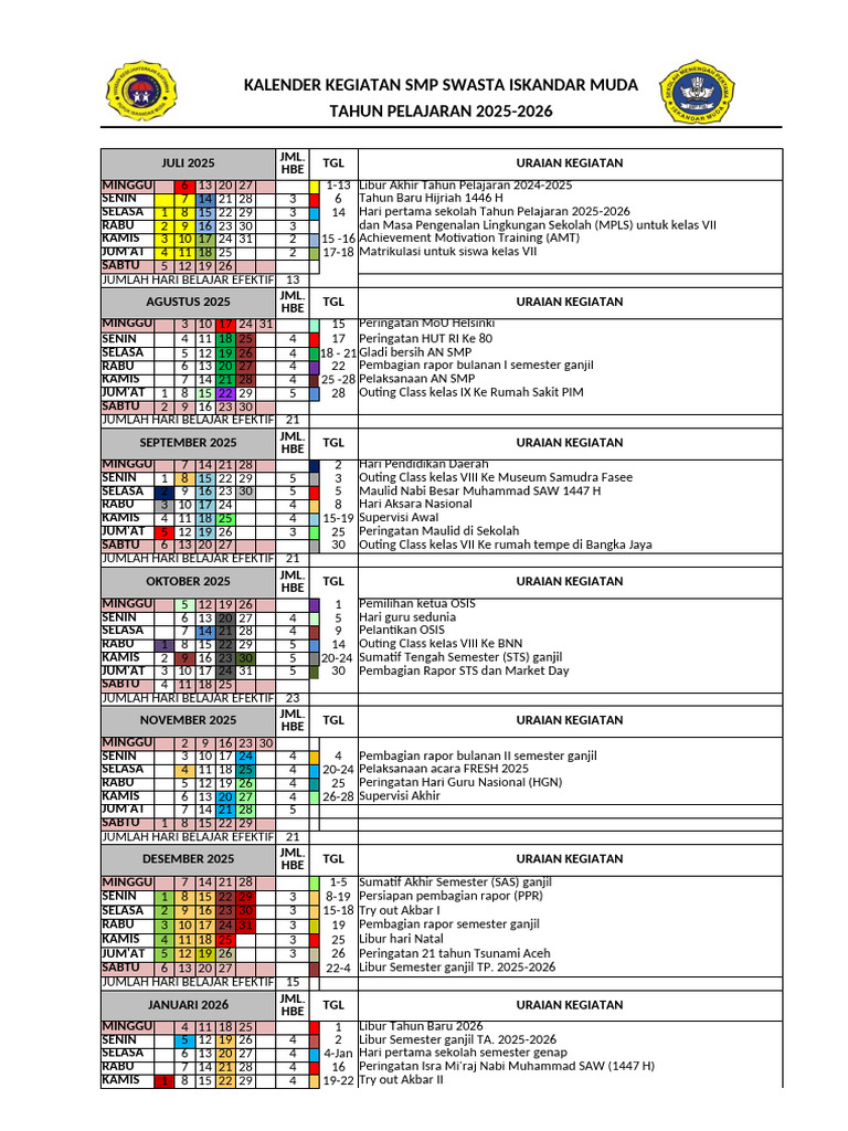 Kalender Kegiatan SMP Iskandar Muda 2025-2026 | PDF