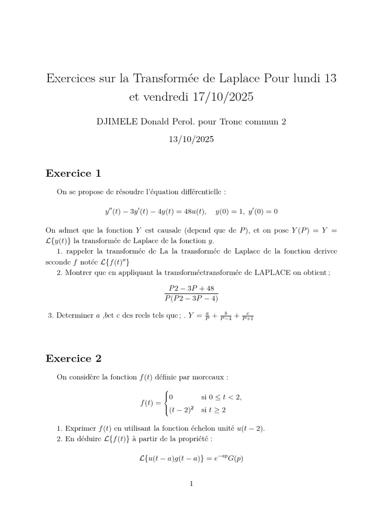 Exercices de Transformée de Laplace | PDF | Relations mathématiques ...