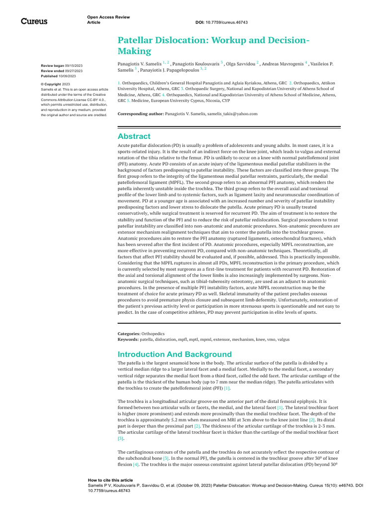 Patellar Dislocation Workup and Decision Making 2023 | PDF | Knee ...