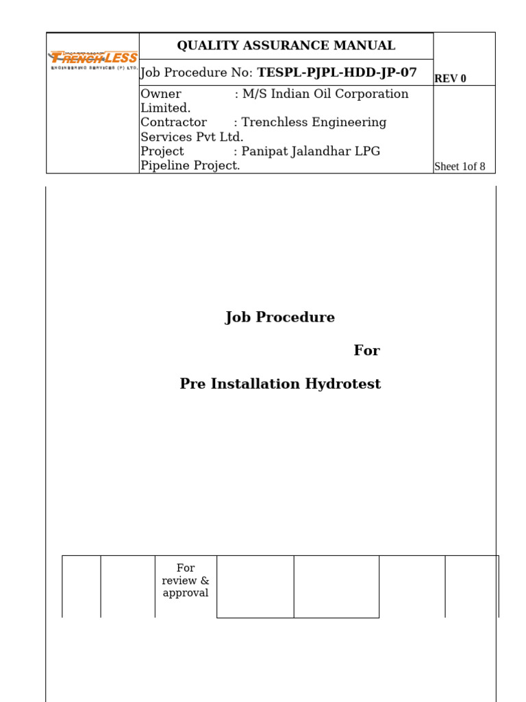 Pre-Installation Hydrotest Procedure | PDF | Mechanical Engineering ...