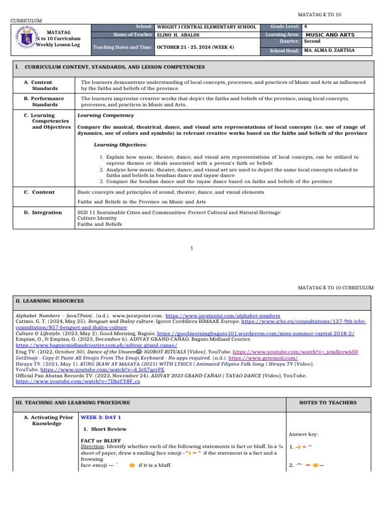 K to 10 Music and Arts Lesson Plan | PDF | Dances | Curriculum