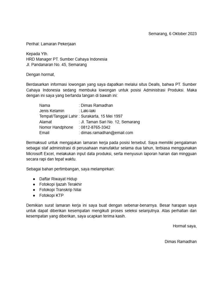 Contoh Surat Lamaran Kerja Word PT | PDF