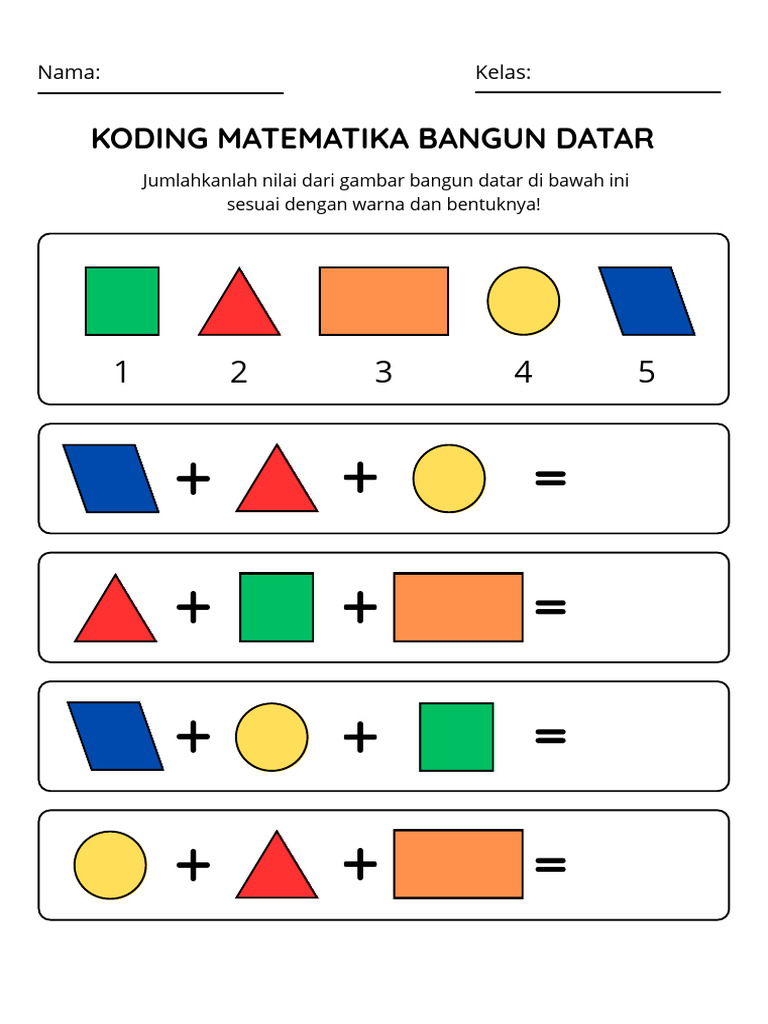 Lembar Kerja Koding Matematika Bangun Datar Merah Hijau Kuning Oren Biru Sederhana | PDF